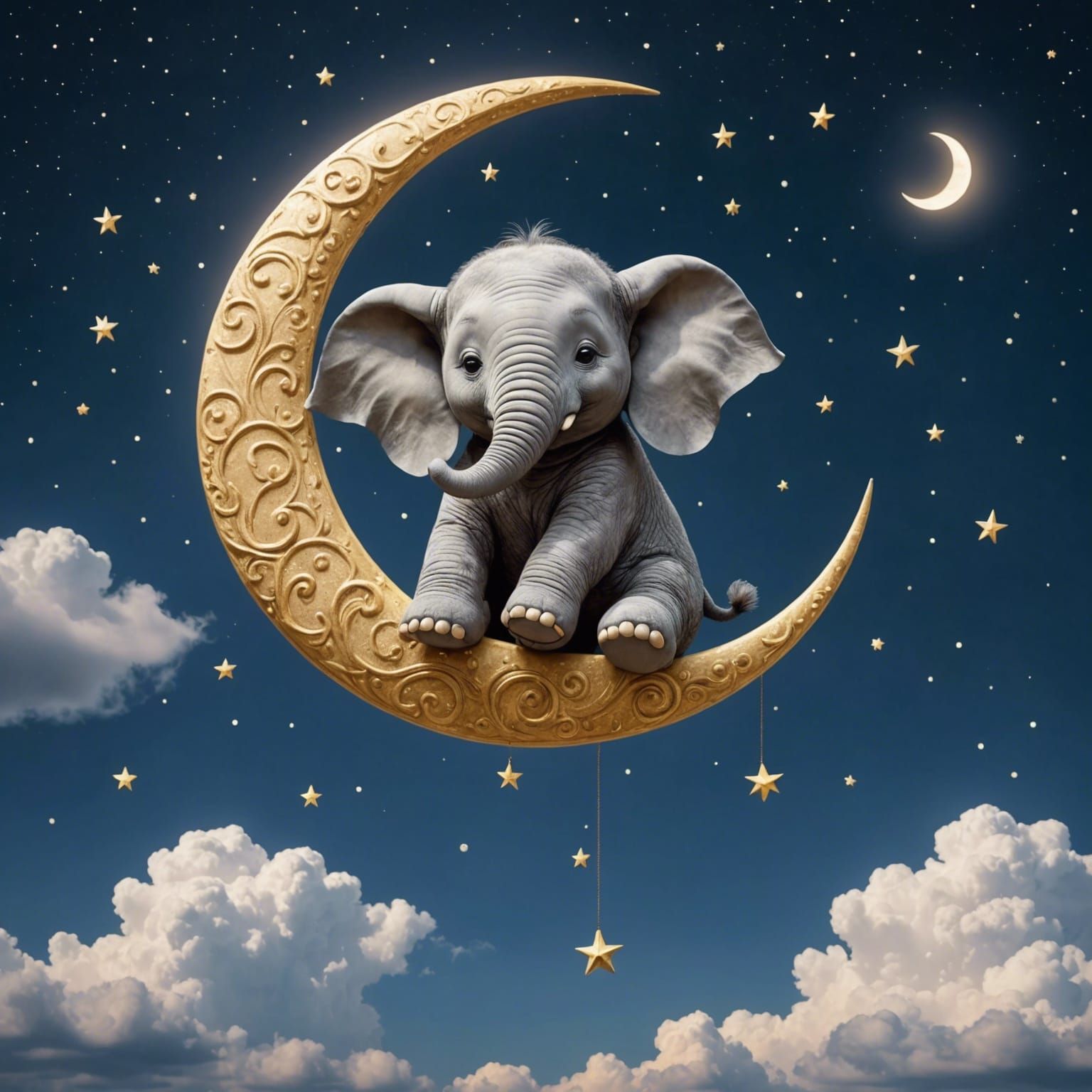 raw photo of A detailed sleepy cute elephant on the crescent moon in ...