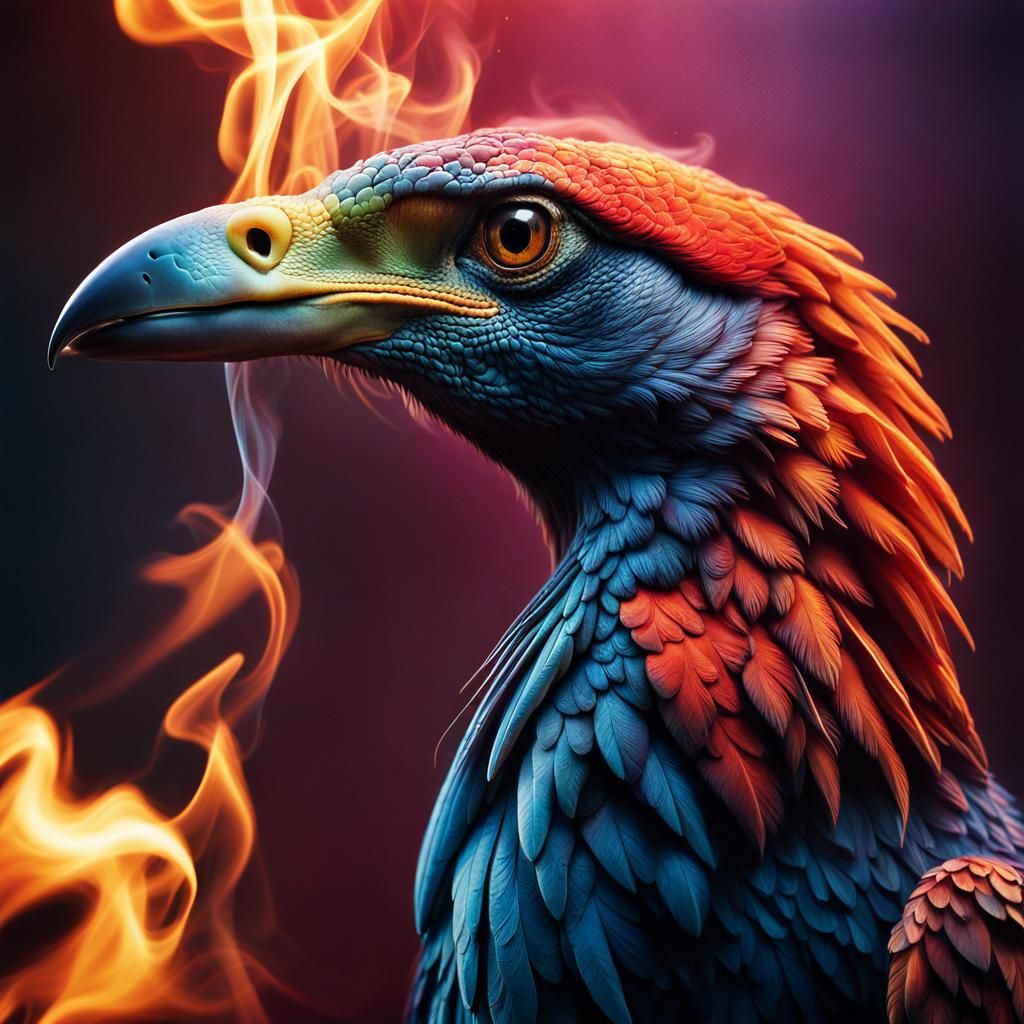 Cigarette smoke, thick, flaming smoky bird, masterpiece art and ...