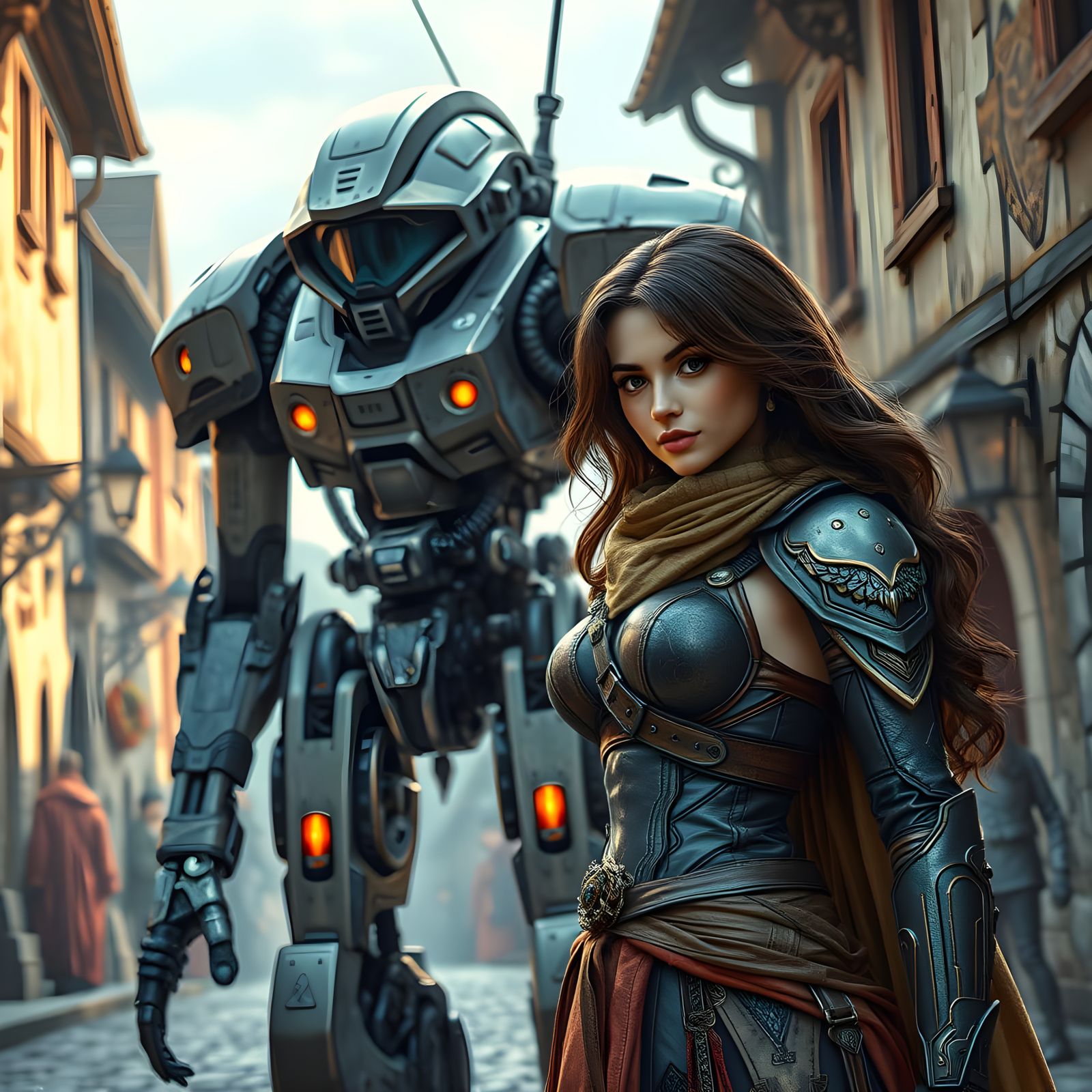 Cyberpunk Mecha Maiden in Historic Town - AI Art
