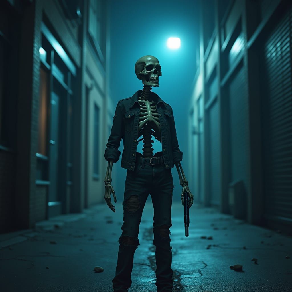 Skeleton in Futuristic Alley Illuminated by Ethere... - AI Art