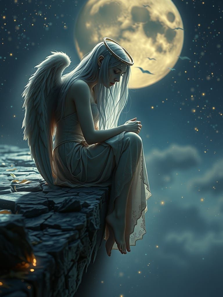 top-down view, looking up. A sorrowful female angel sitting on the edge ...