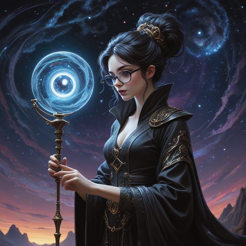 Ethereal Wizard Crafts Celestial Staff in Cosmic O... - AI Art