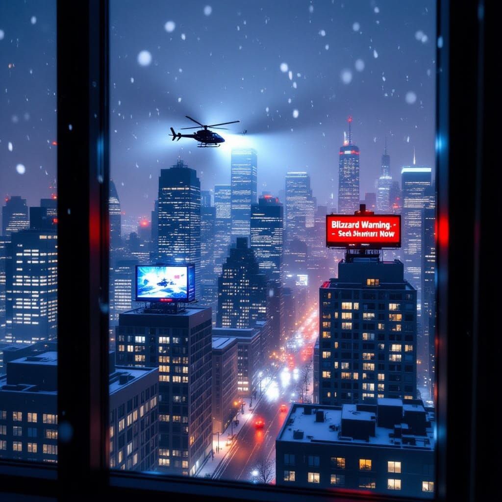 Snowstorm Over Modern City: Hyper-Realistic Night ... - AI Art