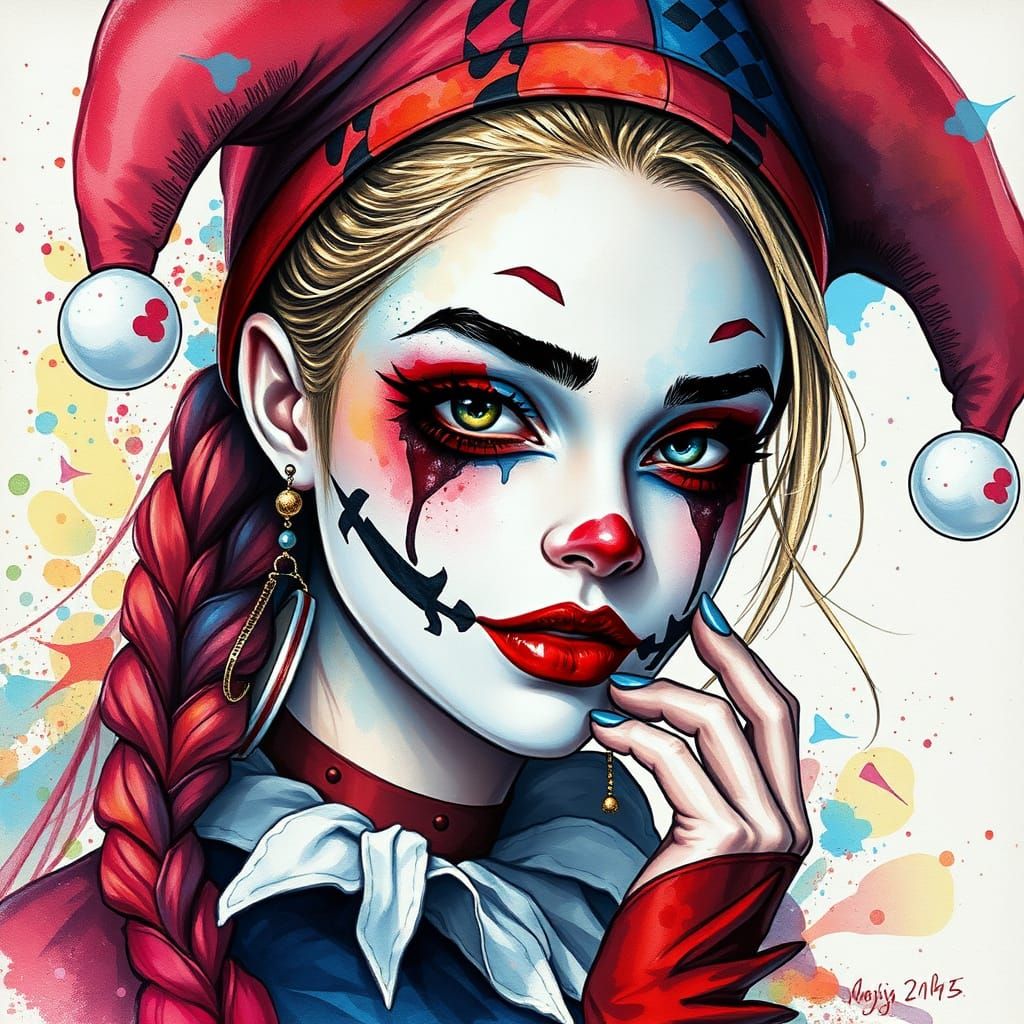 Jester Princess Harley Quinn Watercolor Portrait - AI Art