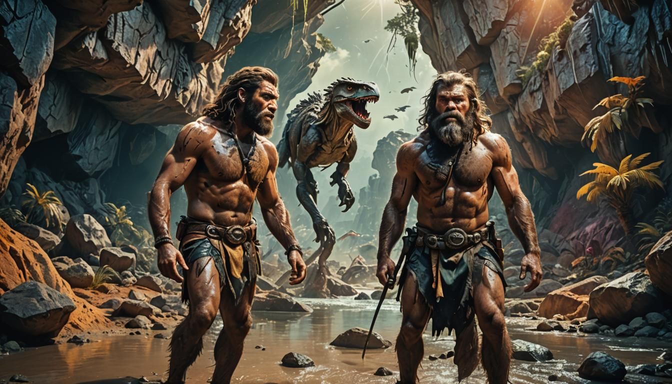 Futuristic cavemen Hyperrealistic, splash art, concept art, mid shot, intricately detailed ...