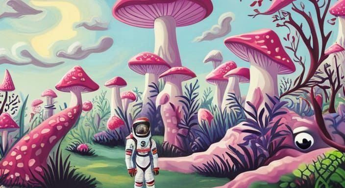 Giant lavender alien looking at astronaut walking! fungal metropolis in ...