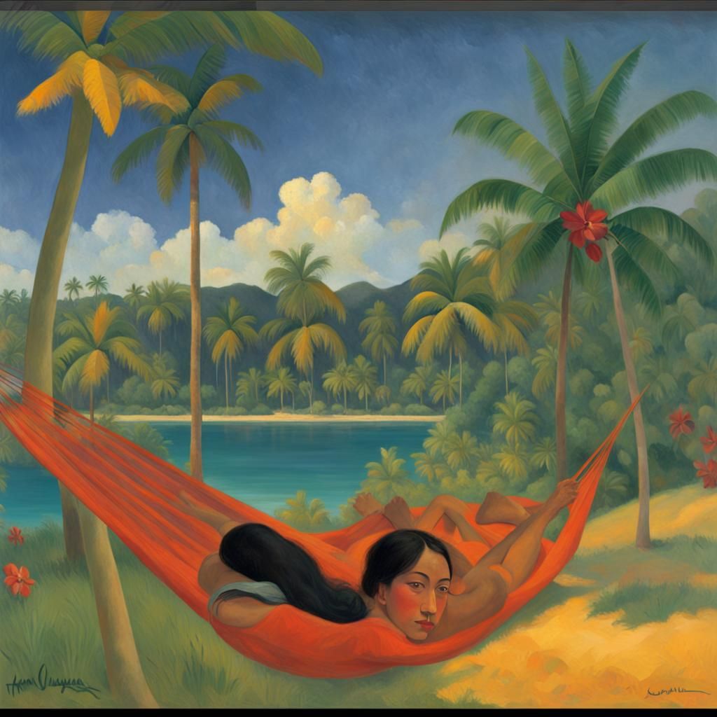 16k resolution, art by Paul Gauguin, Henri Rousseau, island oasis, lush ...