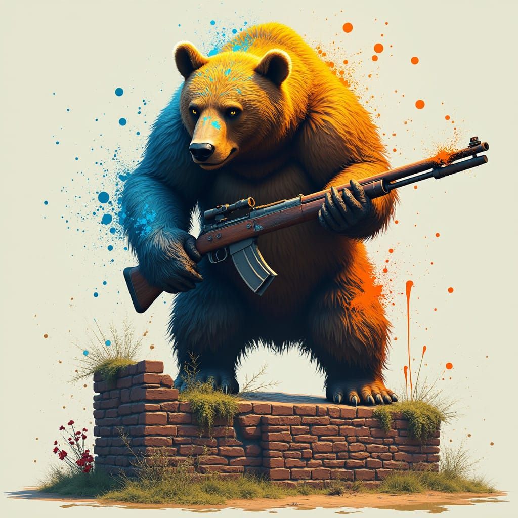 Majestic Bear Grasping Rifle in Vibrant Fantasy La... - AI Art