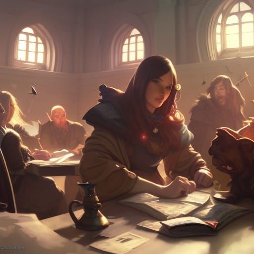 Game master group playing rpg game in library, 8k resolution concept ...