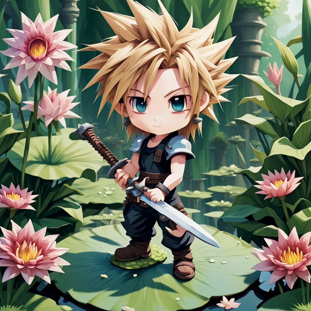 Final Fantasy chibi characters, Cloud Strife and Aerith, exaggerated ...