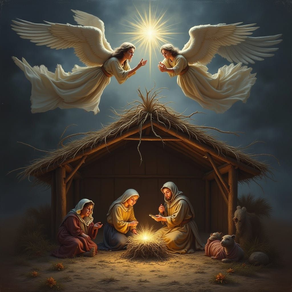 19th Century Nativity Scene with Angels in a Fanta... - AI Art