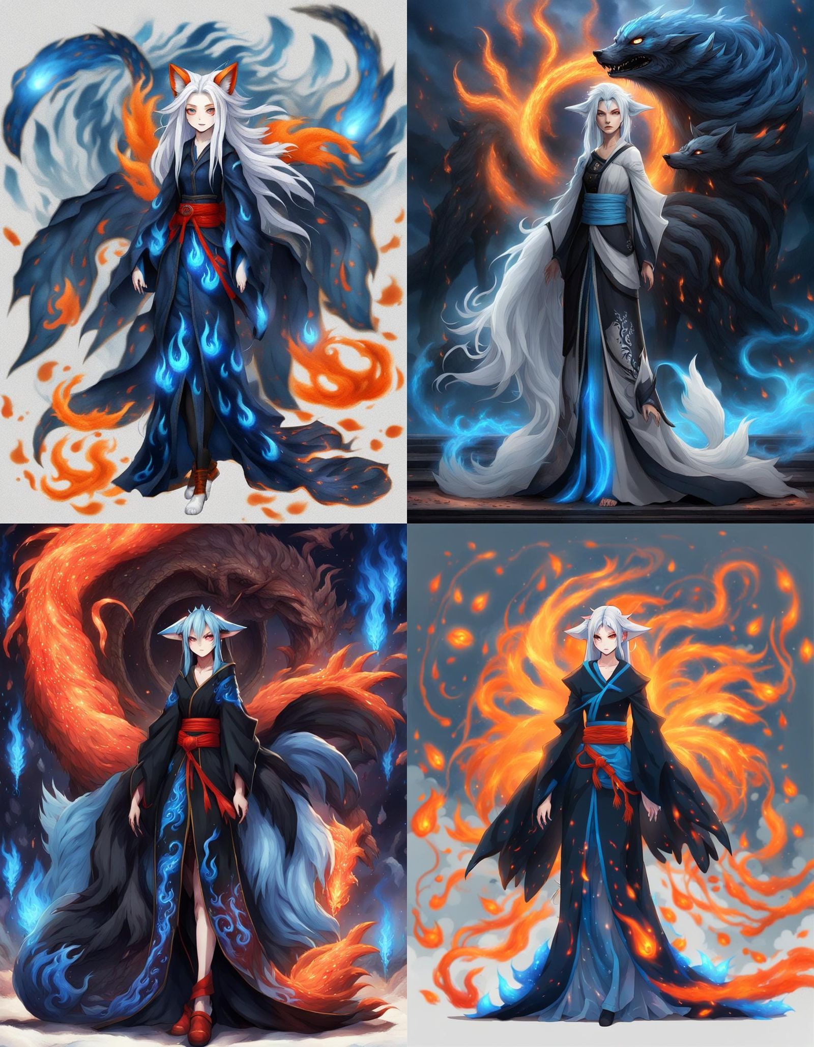 Surreal Nine-Tailed Fox in Flames, Cyberpunk Fanta... - AI Art