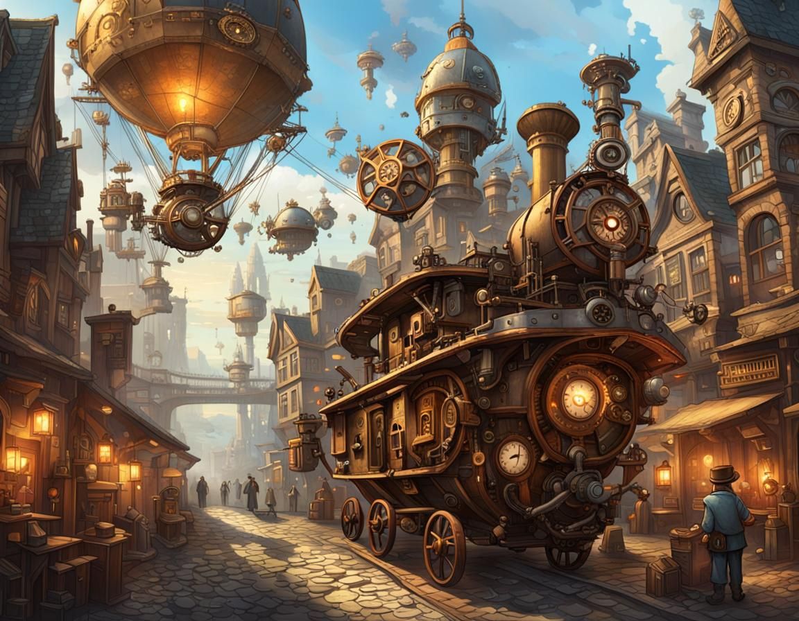 Amidst the sprawling expanse of a steampunk-inspired metropolis, where ...