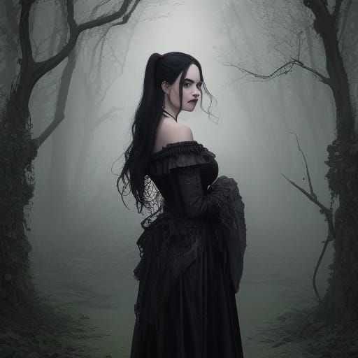 Harley Quinn as a Goth in the forest.