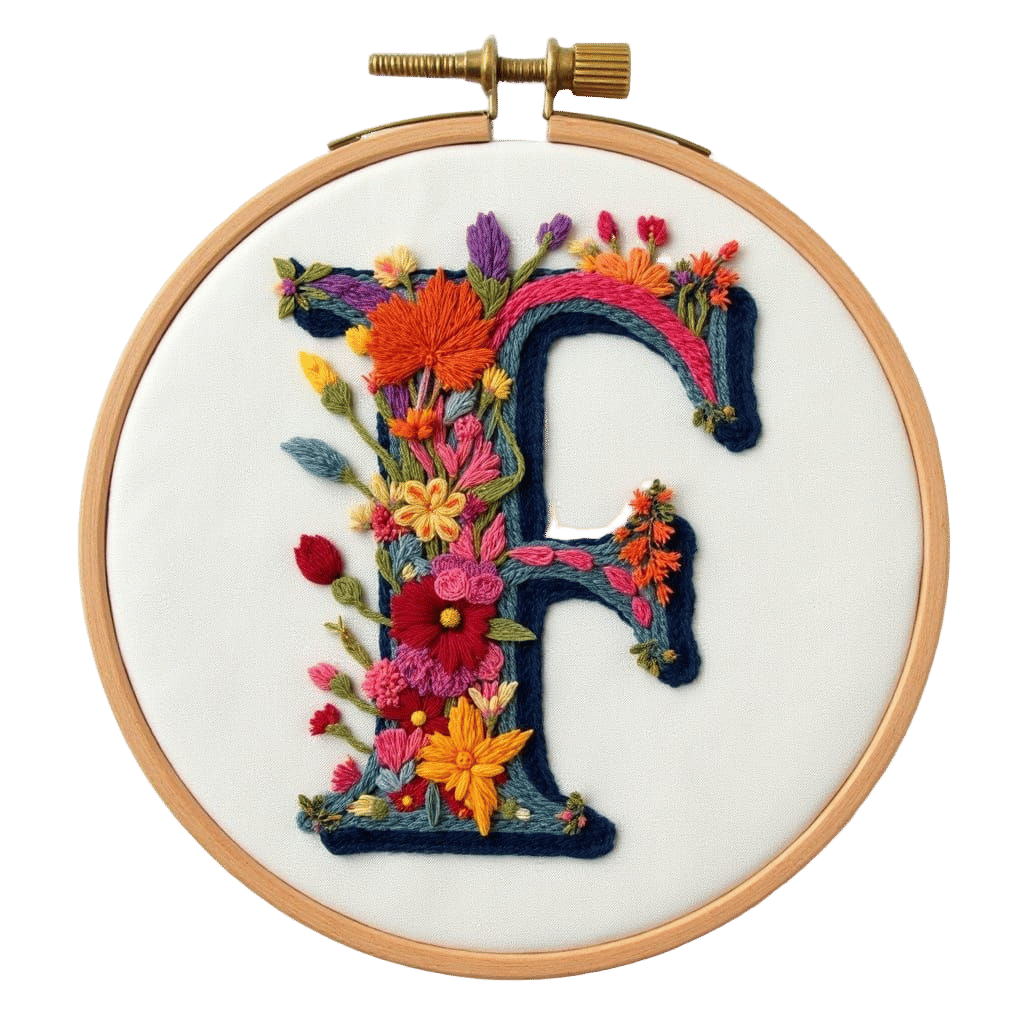 Vibrant Embroidered Letter F in a Floral Hoop - AI Art