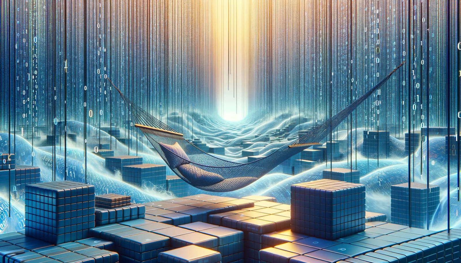 a serene digital landscape filled with soothing binary streams and ...