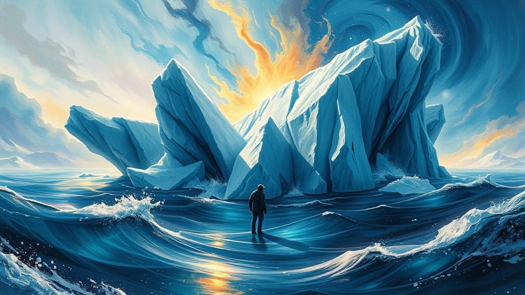 Massive iceberg collapsing into the ocean.