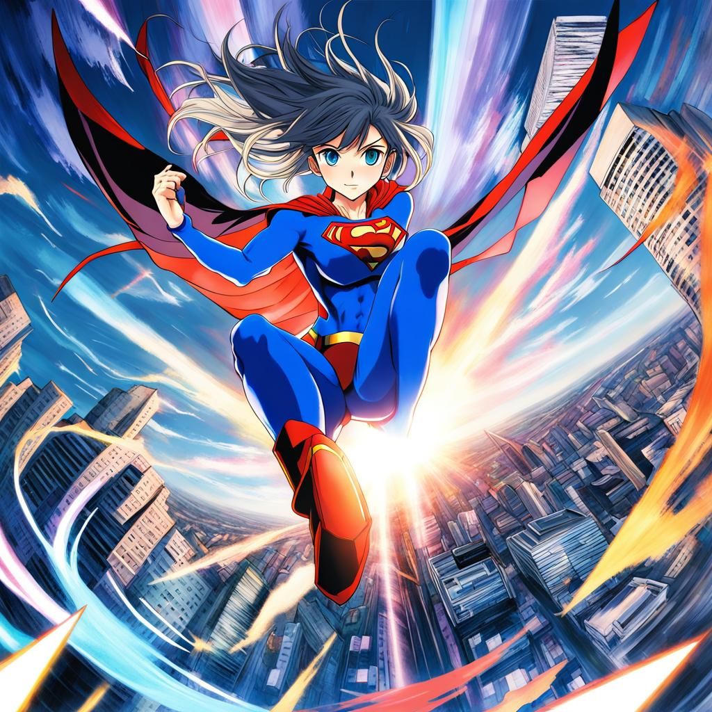 Superman flying over Metropolis, Yoshitaki Amano art, Vibrant wash ...