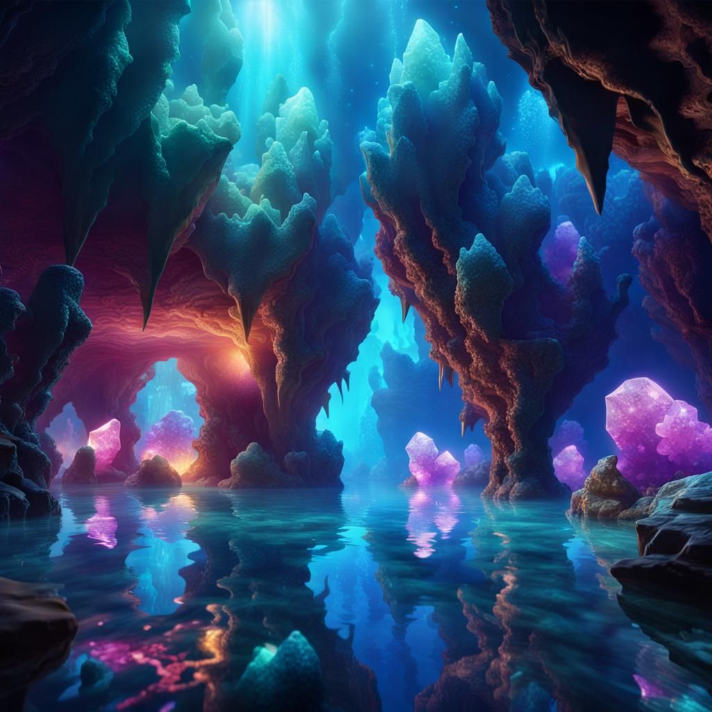 Luminous crystal cavern, full of sparkling geodes and giant glooming ...