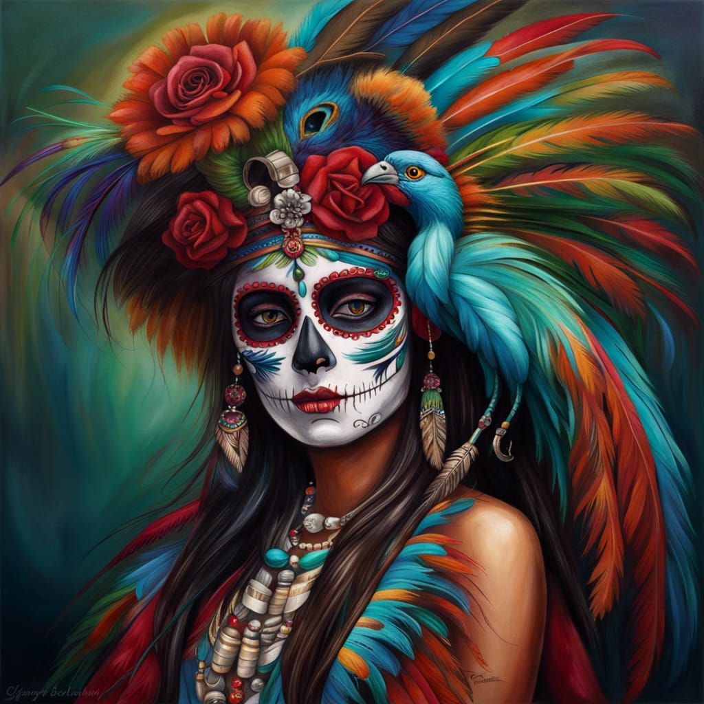 Majestic portrait of Catrina with a splendid plume with quetzal feather ...