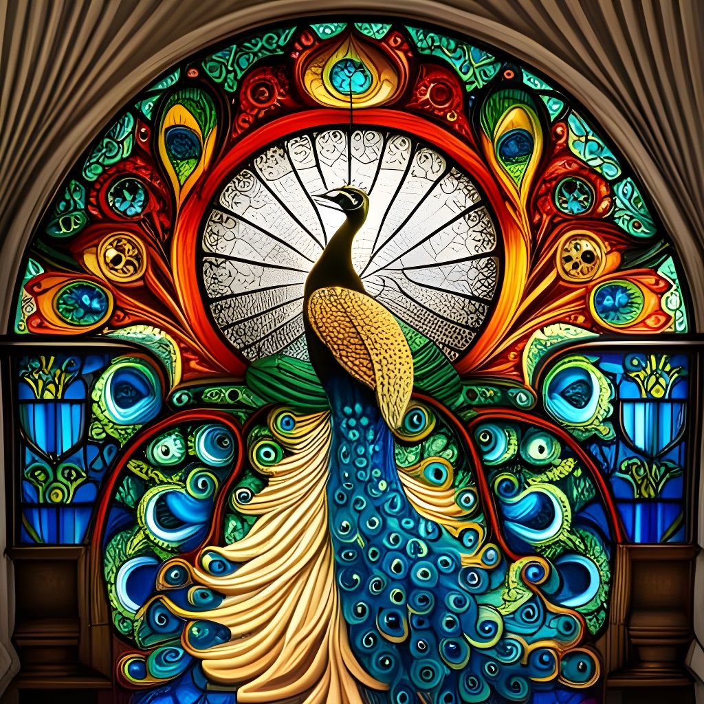 Hyper detailed Stained glass window stunningly beautiful peacock on it ...