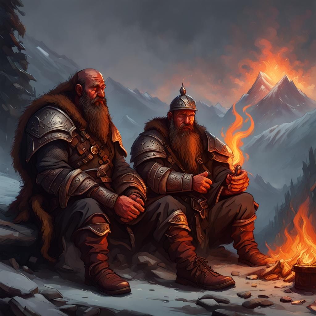 two bloodied and wounded dwarven warriors sitting by a fire, sad, glum ...