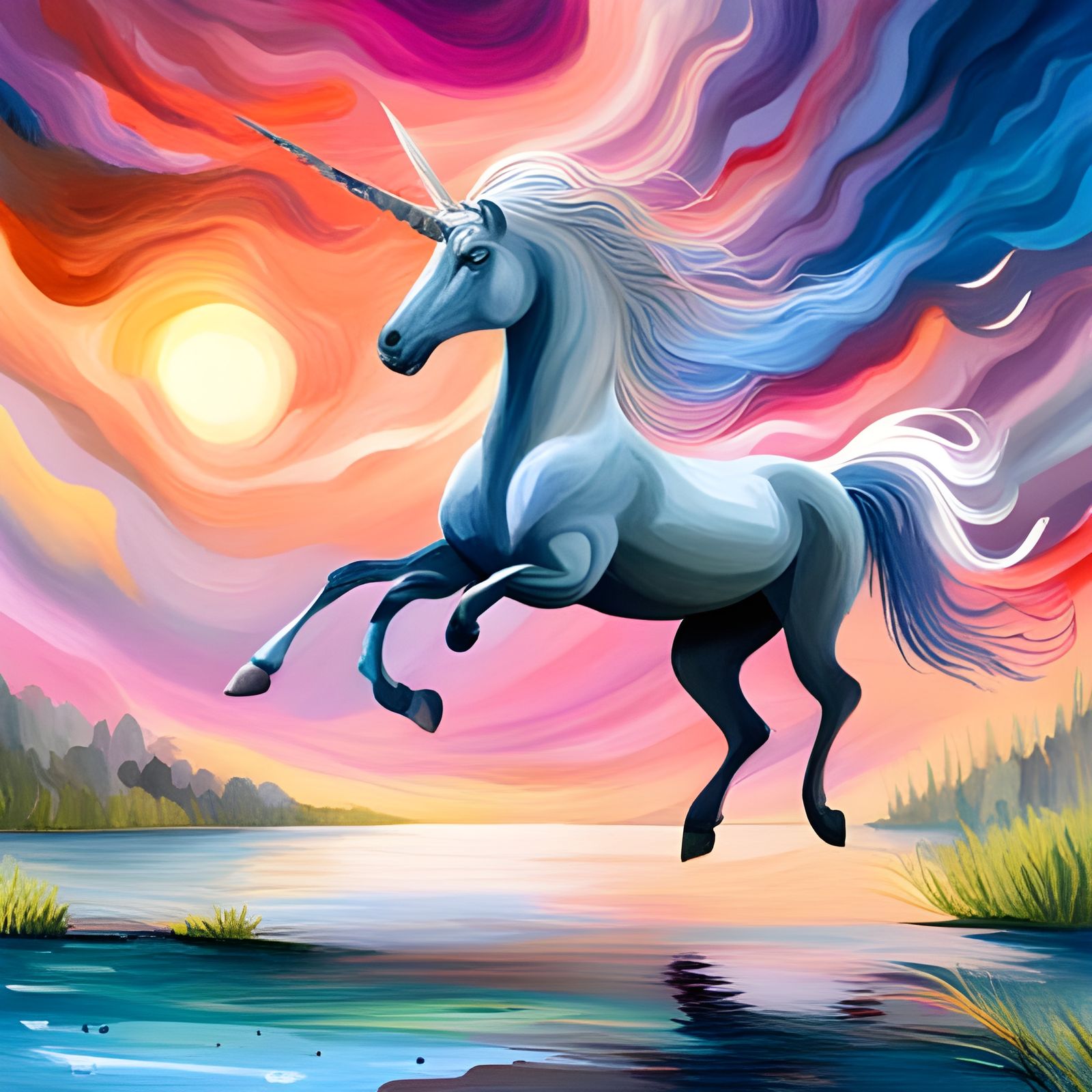A Unicorn leaping over a river in a magical land - AI Generated Artwork ...