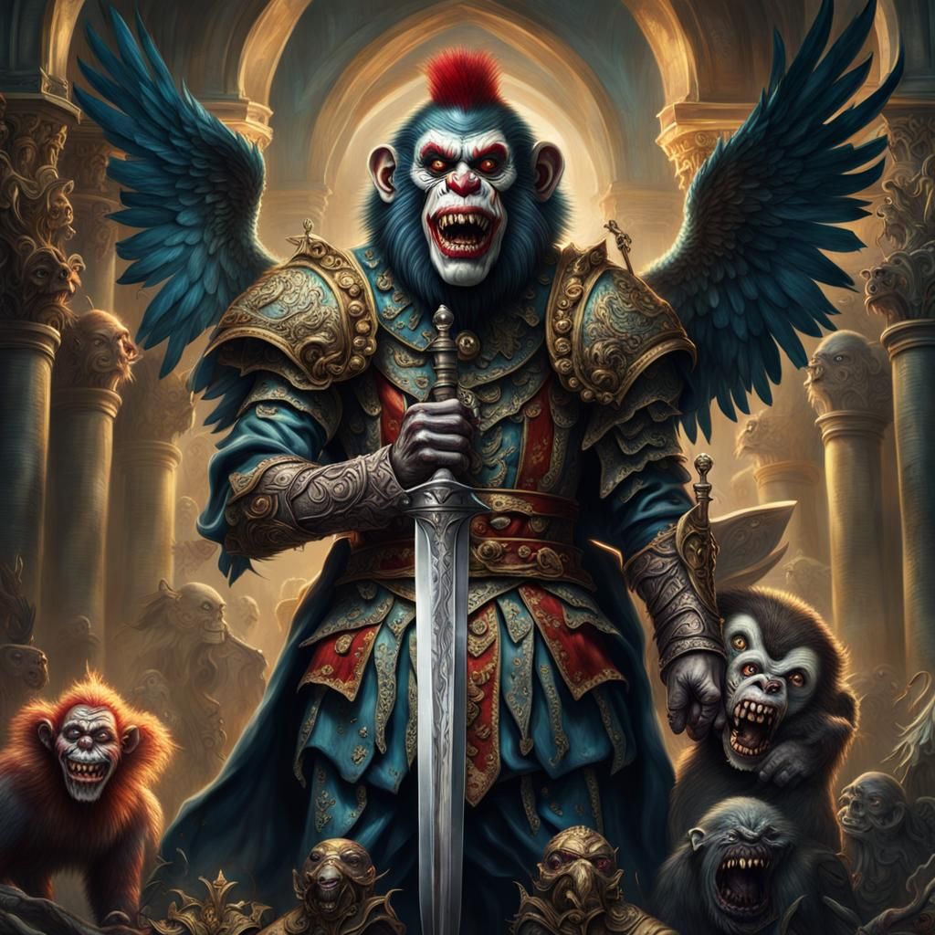 Zombie Monkey Monster Clown Angel Knight Grinning Maniacally Holding ...
