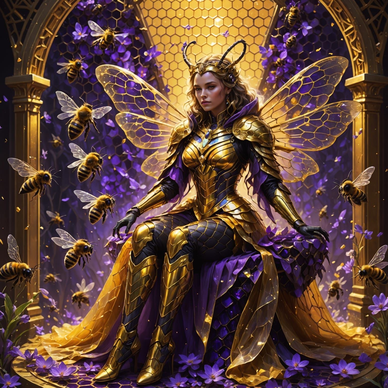A majestic queen bee wearing an ornate golden gown adorned with ...