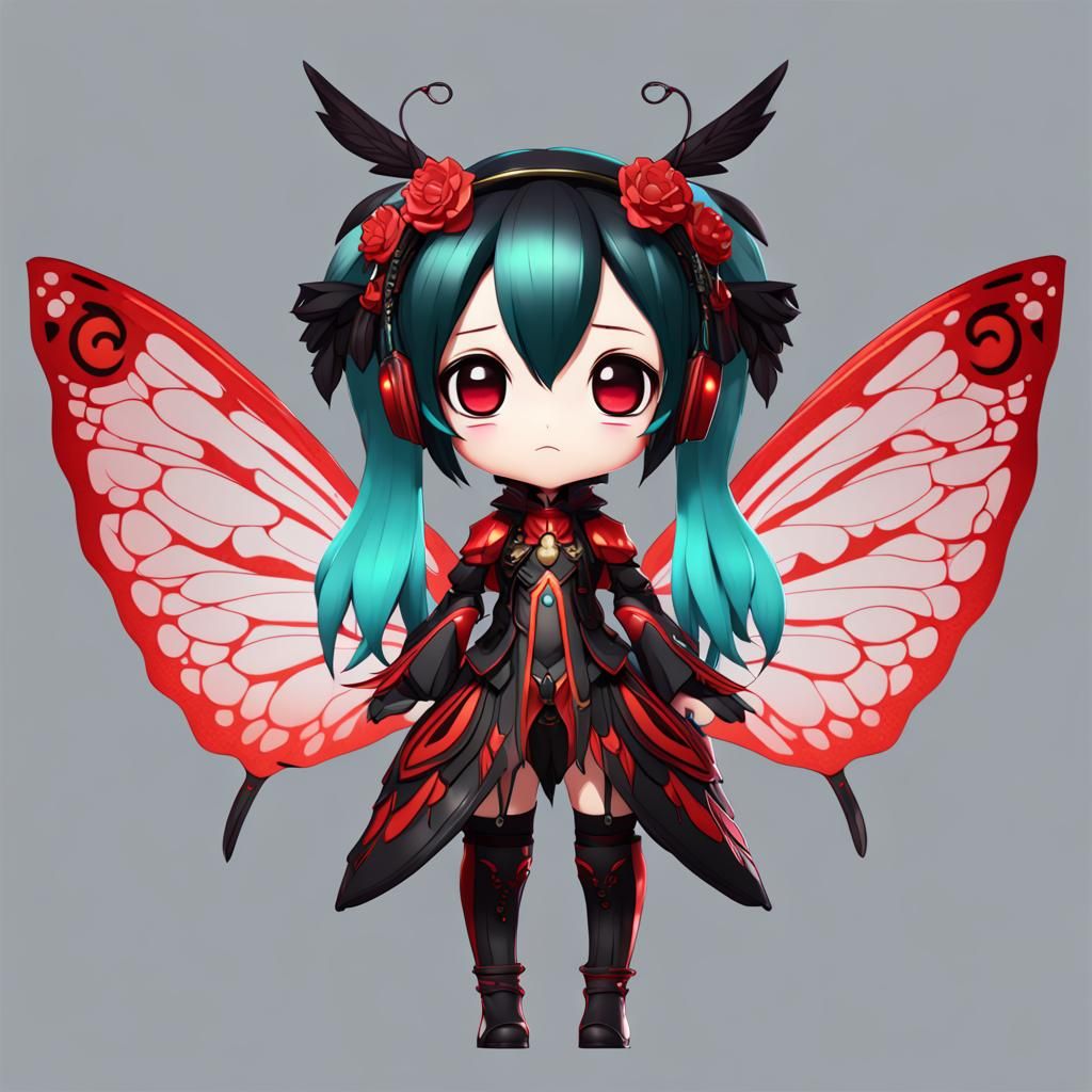 Chibi Hatsune Miku fairy with black hair emperor Moth wings black and ...
