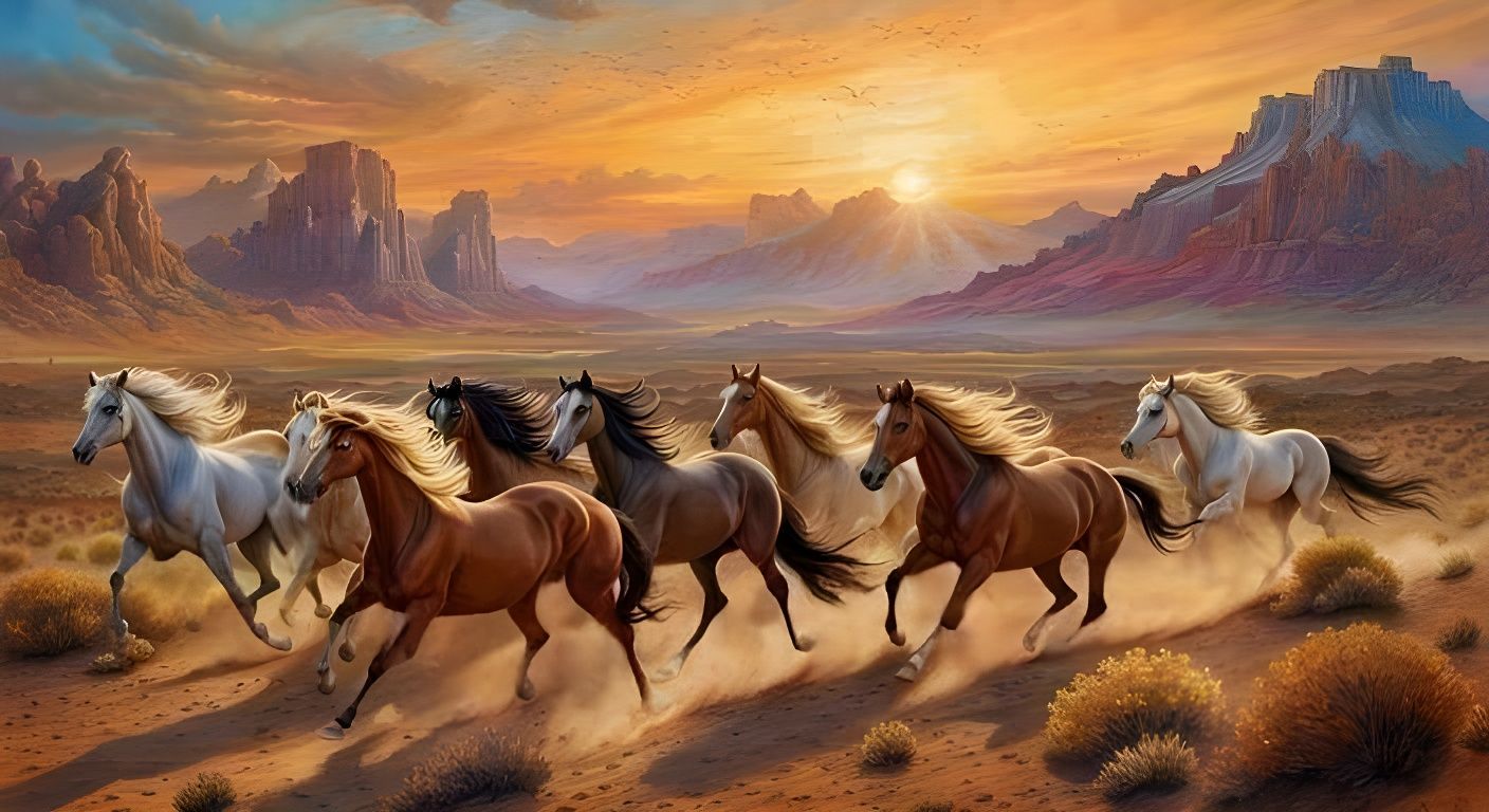 Mustangs galloping across the Tule Desert at Sunset - AI Generated ...