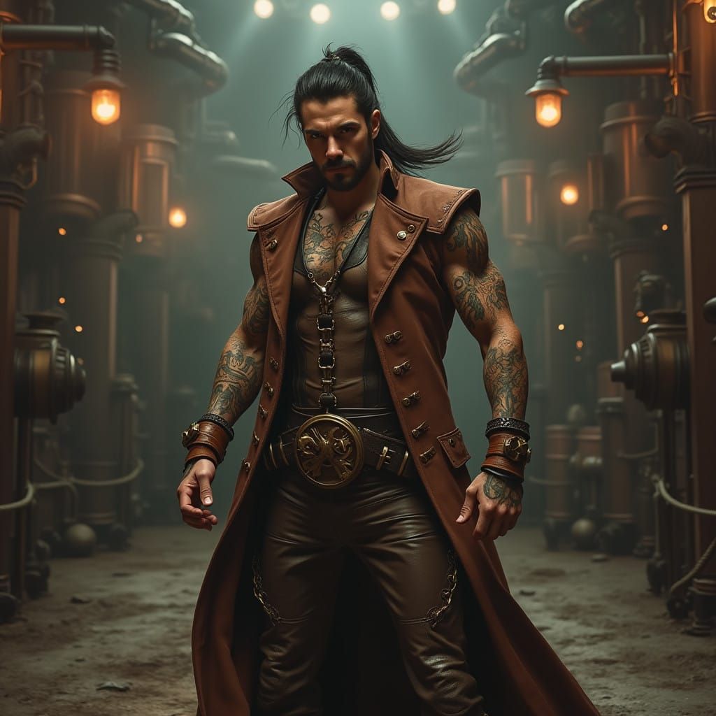 Steampunk Warrior in Industrial Arena - AI Art