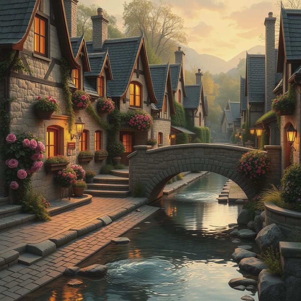 Whimsical Golden-Hour Village Scene with Glowing W... - AI Art