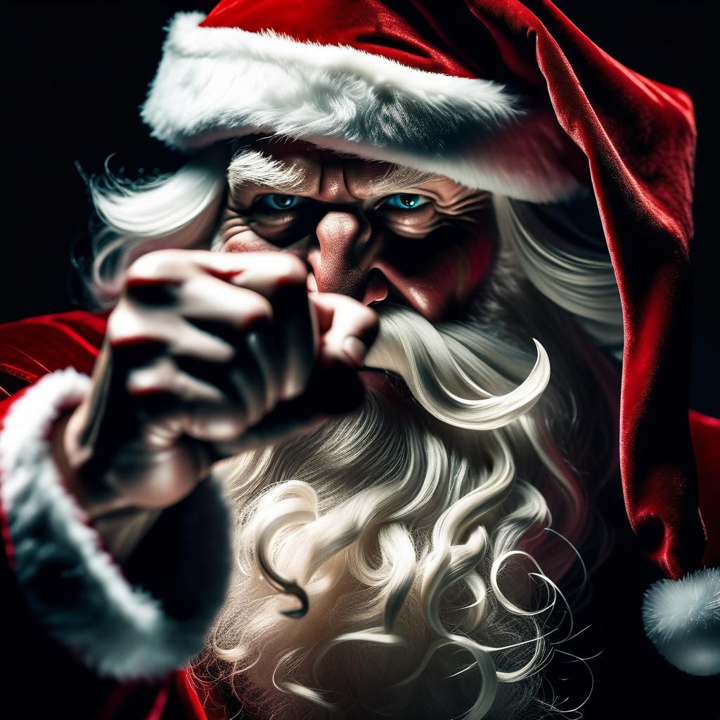 breathtaking, fist-fighting Santa, grungy, bloody, gothic, flowing ...