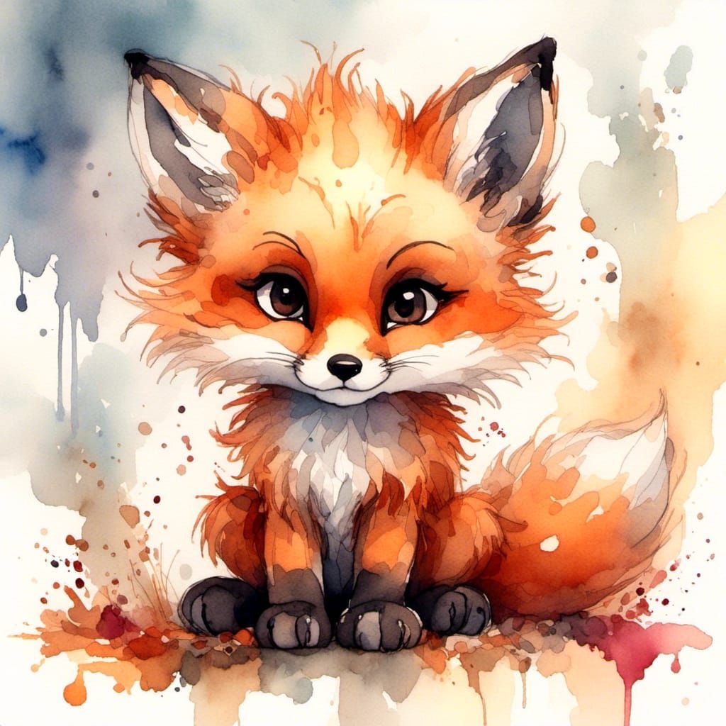 adorable chibi red fox pup sitting and quizically cocking his head to one side. Big exquisically ...