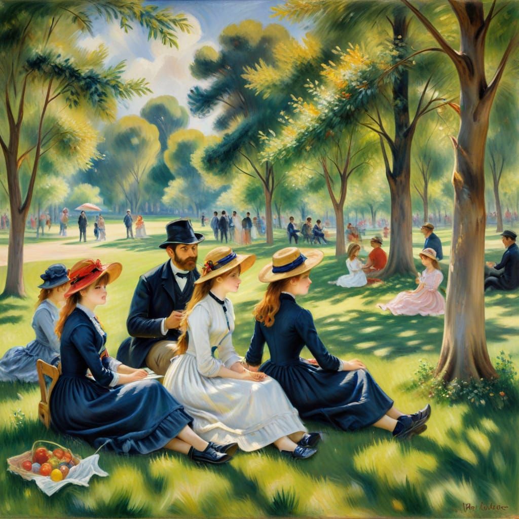 Idyllic Impressionist Scene of People on Grass - AI Art