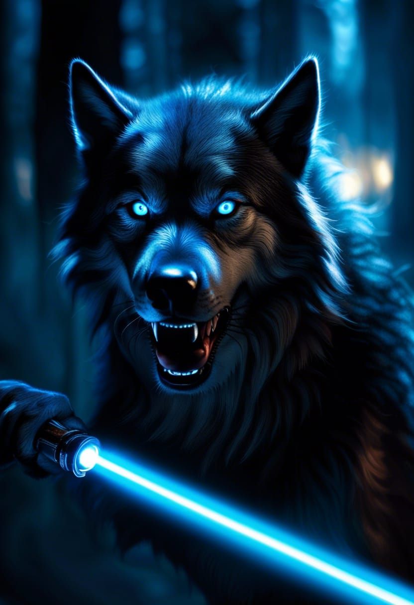 Photograph Portrait of a real intense Dire Wolf Jedi with excited big ...