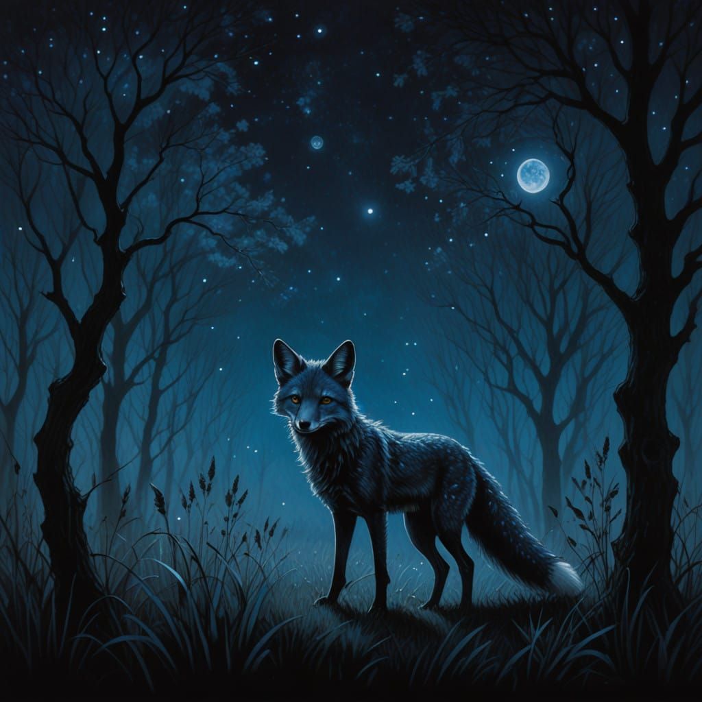 vignette black light, arabesque blue fox in field with black night sky ...