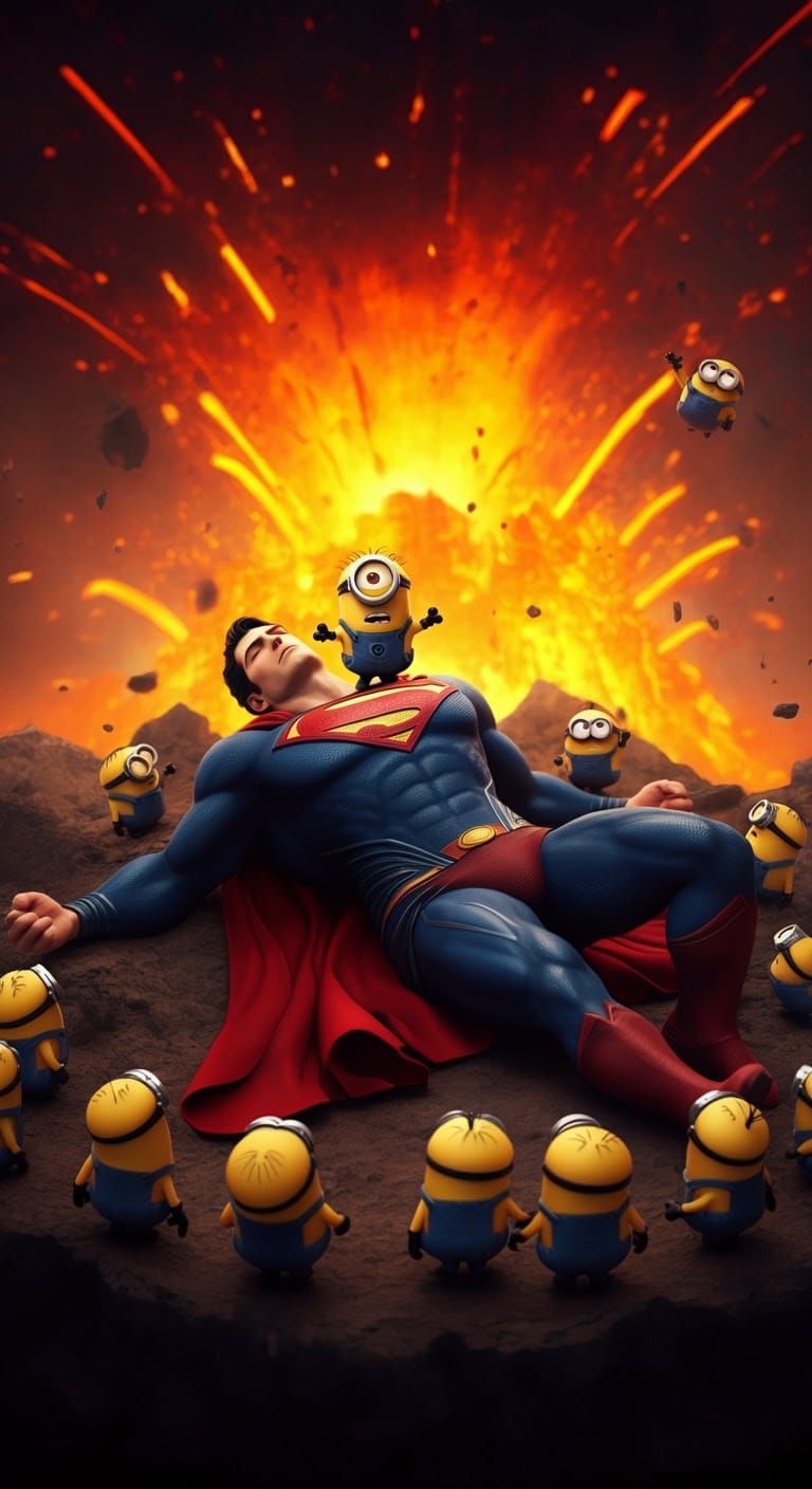 Minion Triumphs Over Fallen Superman in a Volcanic... - AI Art