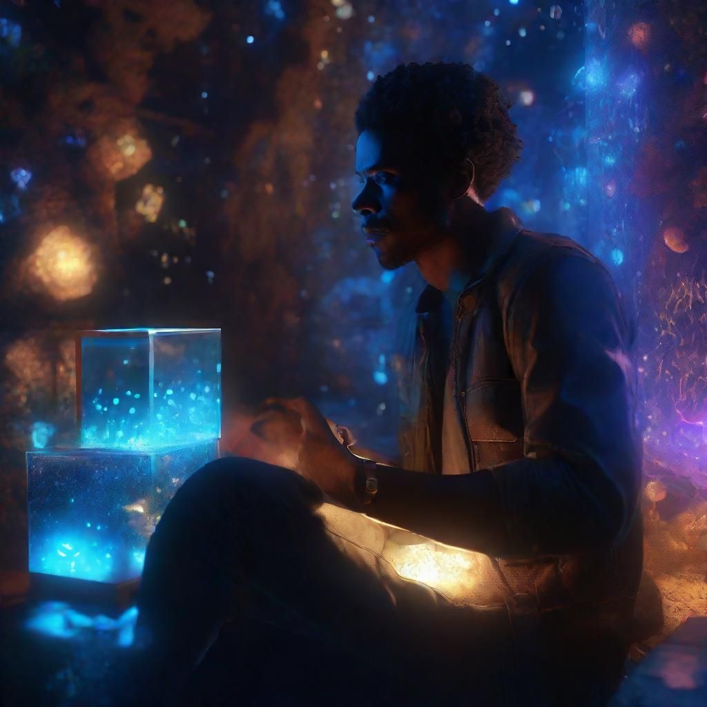 An African American man deeply contemplating outside a glowing ...