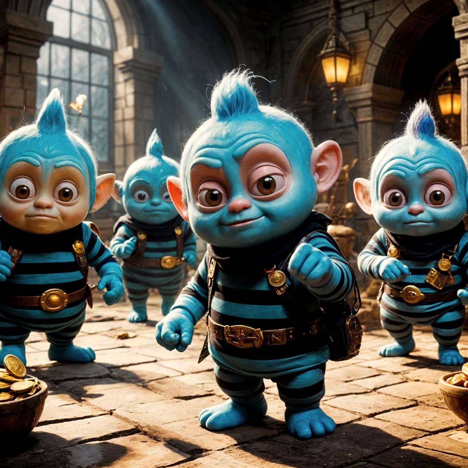 A group of angry, chubby Teletubbies-like creatures with big baby faces ...