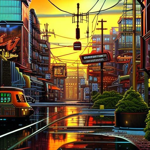 Heavenly high-tech bustling futuristic sci-fi cityscape, tropical ...