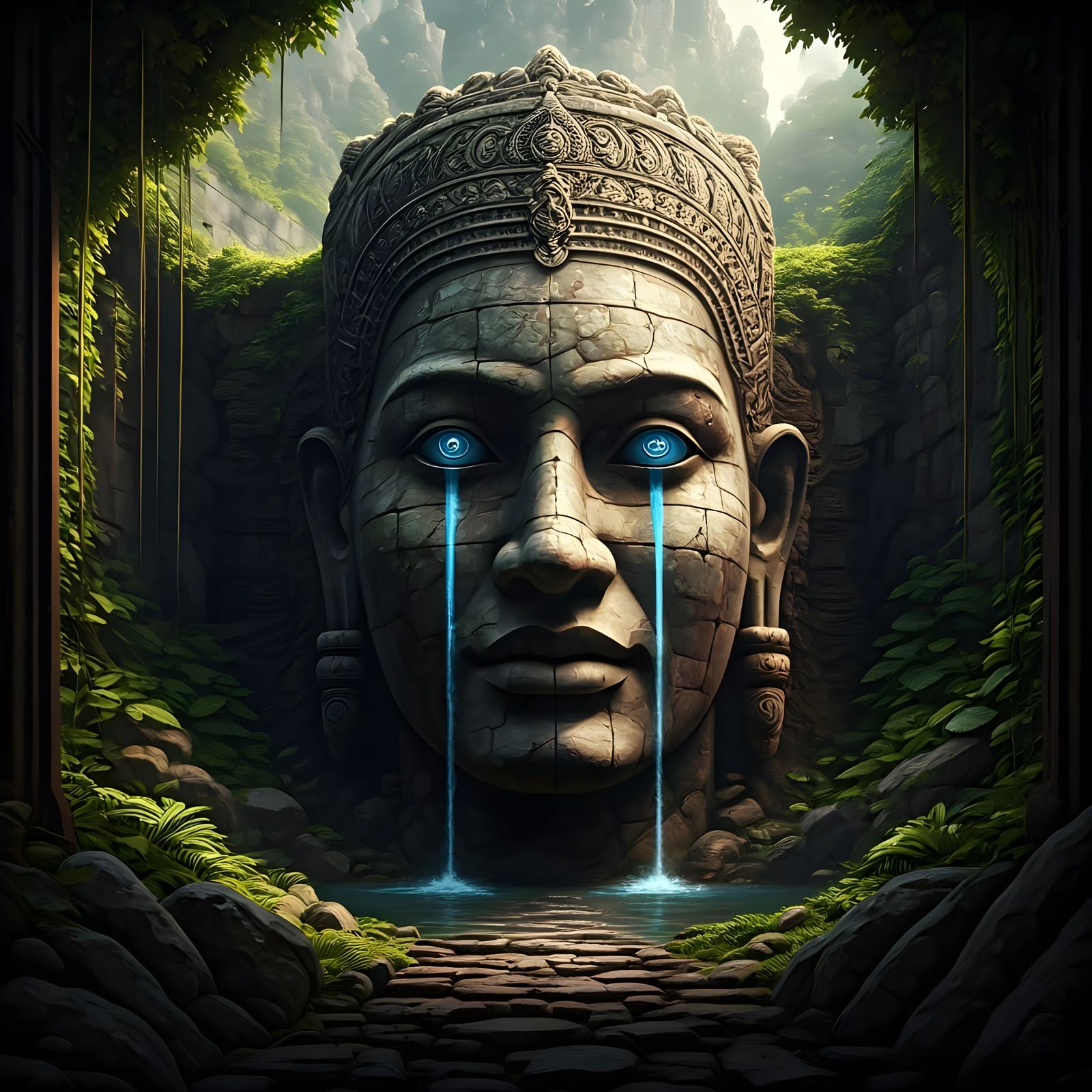 A stone carve face from ancient times on the side of a stone mountain ...