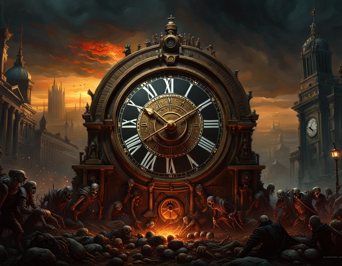 The doomsday clock heading to a new year, skeletons, zombies crawling ...