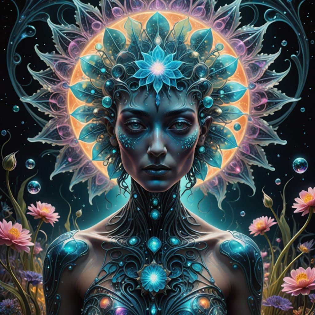 Ethereal Alien in a Field of Iridescent Orbs - AI Art