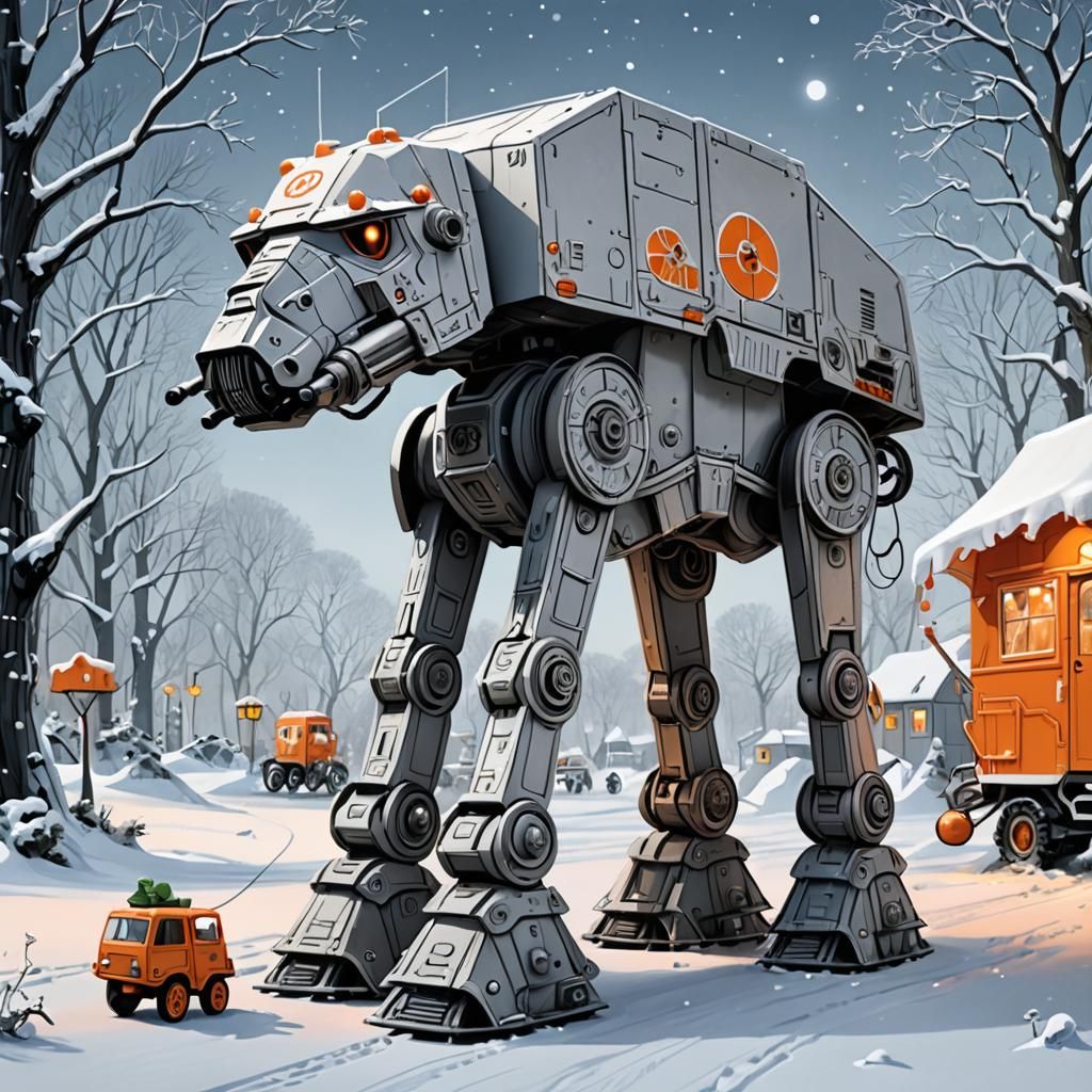 "Create a whimsical cartoon depicting an AT-AT Walker from the Star ...