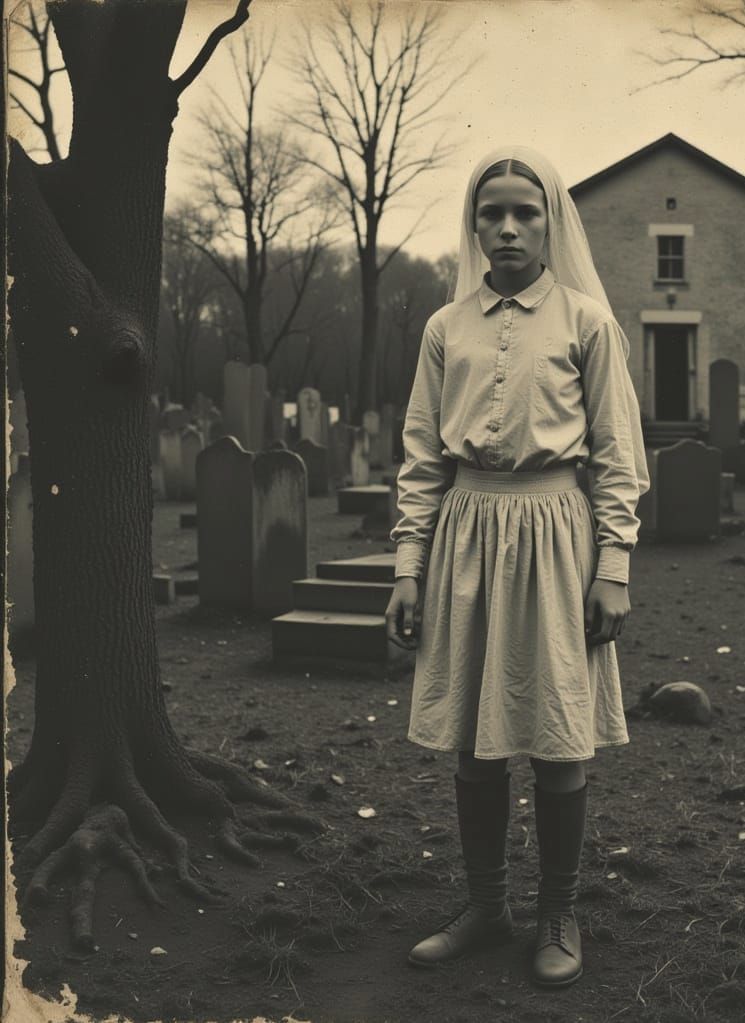 Child of God - Ethereal Boy in Faded Cemetery Portrait