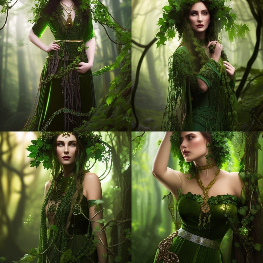 Beautiful Celtic priestess dressed in green velvet dress, in a mystical ...