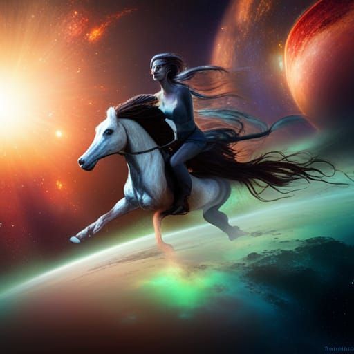 an adventurous brunette human woman riding an alien horse through the ...
