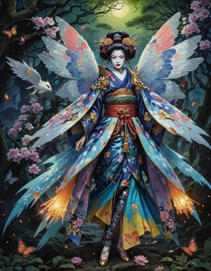 (Hyper detailed epic horror poster art of a scary monster geisha with ...